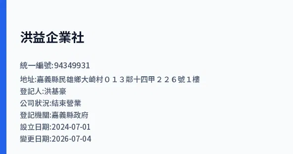 洪益企業社的照片-統編 94349931(嘉義縣) 公司登記資料與營業項目詳細圖表