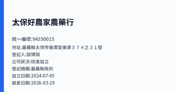 太保好農家農藥行的照片-統編 94350015(嘉義縣) 公司登記資料與營業項目詳細圖表