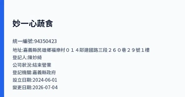 妙一心蔬食的照片-統編 94350423(嘉義縣) 公司登記資料與營業項目詳細圖表