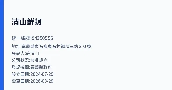 清山鮮蚵的照片-統編 94350556(嘉義縣) 公司登記資料與營業項目詳細圖表