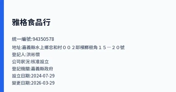 雅格食品行的照片-統編 94350578(嘉義縣) 公司登記資料與營業項目詳細圖表