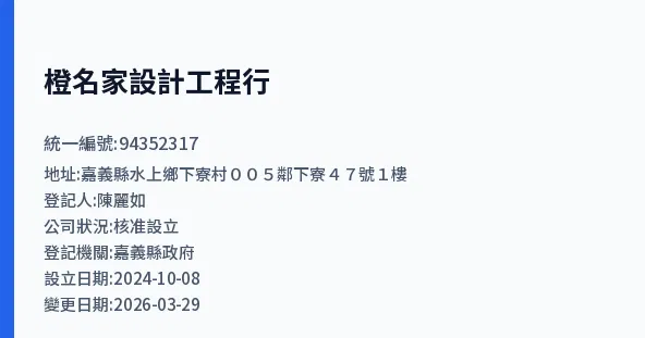 橙名家設計工程行的照片-統編 94352317(嘉義縣) 公司登記資料與營業項目詳細圖表