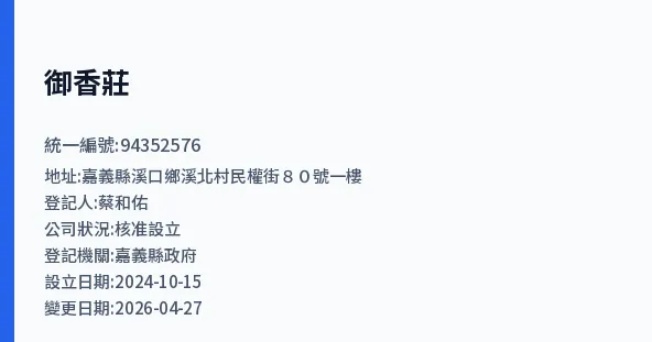 御香莊的照片-統編 94352576(嘉義縣) 公司登記資料與營業項目詳細圖表