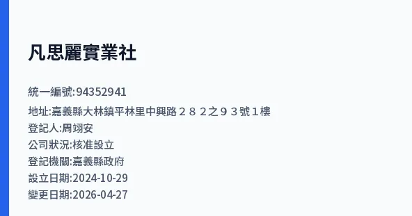 凡思麗實業社的照片-統編 94352941(嘉義縣) 公司登記資料與營業項目詳細圖表