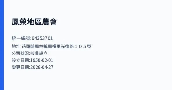 鳳榮地區農會的照片-統編 94353701(花蓮縣) 公司登記資料與營業項目詳細圖表