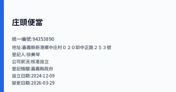 庄頭便當的照片-統編 94353890(嘉義縣) 公司登記資料與營業項目詳細圖表