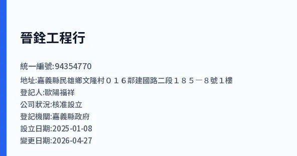 晉銓工程行的照片-統編 94354770(嘉義縣) 公司登記資料與營業項目詳細圖表