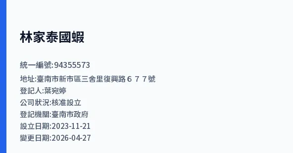 林家泰國蝦的照片-統編 94355573(臺南市) 公司登記資料與營業項目詳細圖表