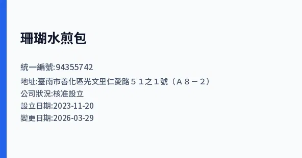珊瑚水煎包的照片-統編 94355742(臺南市) 公司登記資料與營業項目詳細圖表