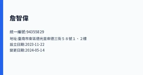 詹智偉的照片-統編 94355829(臺南市) 公司登記資料與營業項目詳細圖表