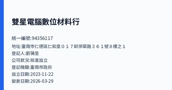 雙星電腦數位材料行的照片-統編 94356117(臺南市) 公司登記資料與營業項目詳細圖表