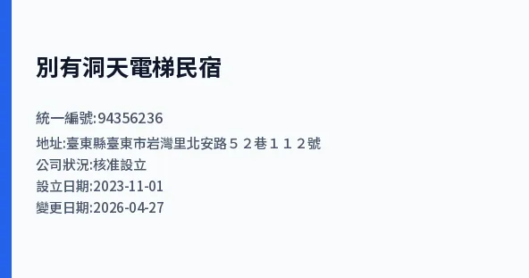 別有洞天電梯民宿的照片-統編 94356236(臺東縣) 公司登記資料與營業項目詳細圖表