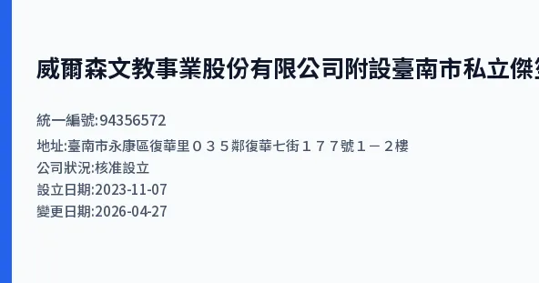 威爾森文教事業股份有限公司附設臺南市私立傑笙兒童課後照顧服務中心的照片-統編 94356572(臺南市) 公司登記資料與營業項目詳細圖表