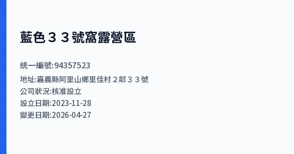 藍色33號窩露營區的照片-統編 94357523(嘉義縣) 公司登記資料與營業項目詳細圖表