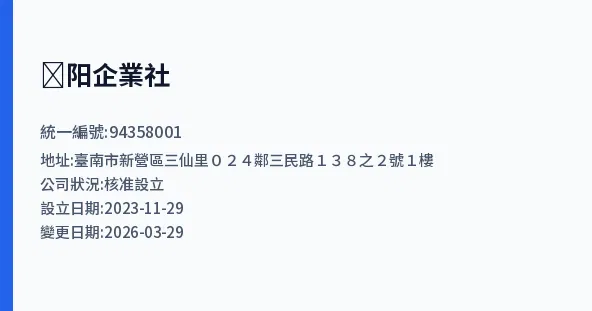 吀阳企業社的照片-統編 94358001(臺南市) 公司登記資料與營業項目詳細圖表