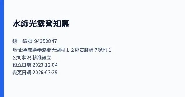水綠光露營知嘉的照片-統編 94358847(嘉義縣) 公司登記資料與營業項目詳細圖表