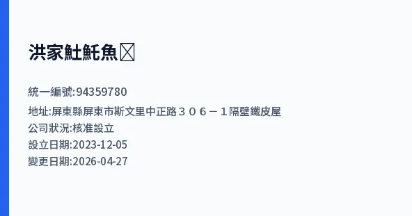 洪家𩵚魠魚焿的照片-統編 94359780(屏東縣) 公司登記資料與營業項目詳細圖表