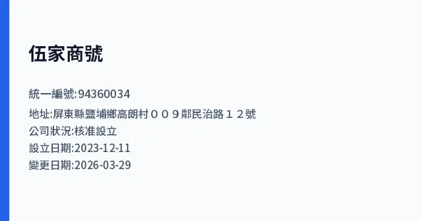 伍家商號的照片-統編 94360034(屏東縣) 公司登記資料與營業項目詳細圖表
