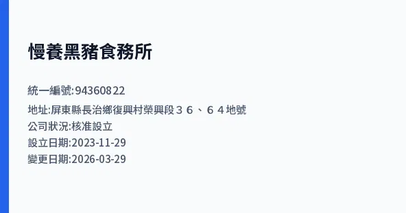 慢養黑豬食務所的照片-統編 94360822(屏東縣) 公司登記資料與營業項目詳細圖表