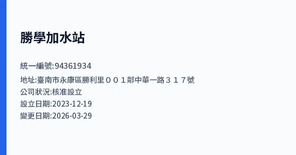 勝學加水站的照片-統編 94361934(臺南市) 公司登記資料與營業項目詳細圖表
