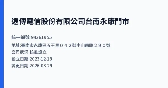 遠傳電信股份有限公司台南永康門市的照片-統編 94361955(臺南市) 公司登記資料與營業項目詳細圖表