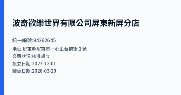 波奇歡樂世界有限公司屏東新屏分店的照片-統編 94362645(屏東縣) 公司登記資料與營業項目詳細圖表