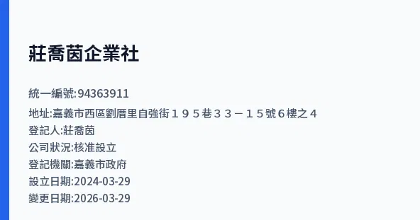 莊喬茵企業社的照片-統編 94363911(嘉義市) 公司登記資料與營業項目詳細圖表