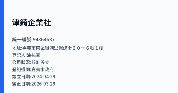 津錡企業社的照片-統編 94364637(嘉義市) 公司登記資料與營業項目詳細圖表