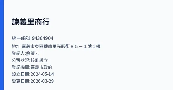 諫義里商行的照片-統編 94364904(嘉義市) 公司登記資料與營業項目詳細圖表