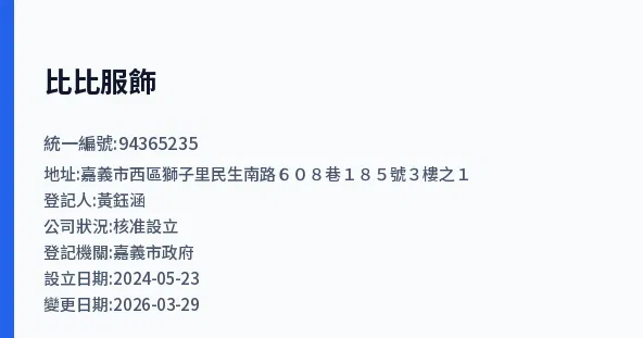 比比服飾的照片-統編 94365235(嘉義市) 公司登記資料與營業項目詳細圖表