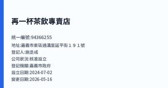 再一杯茶飲專賣店的照片-統編 94366255(嘉義市) 公司登記資料與營業項目詳細圖表