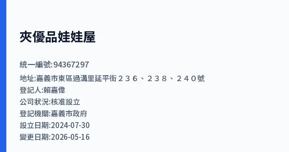 夾優品娃娃屋的照片-統編 94367297(嘉義市) 公司登記資料與營業項目詳細圖表