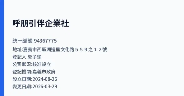 呼朋引伴企業社的照片-統編 94367775(嘉義市) 公司登記資料與營業項目詳細圖表