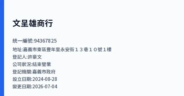 文呈雄商行的照片-統編 94367825(嘉義市) 公司登記資料與營業項目詳細圖表