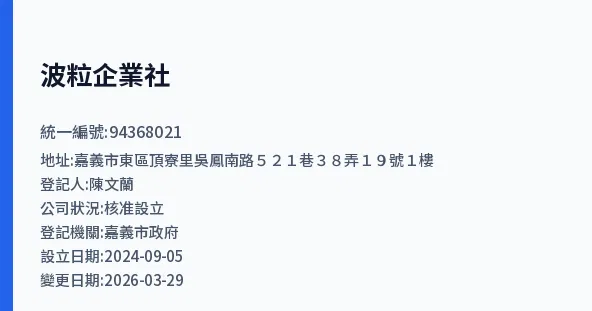 波粒企業社的照片-統編 94368021(嘉義市) 公司登記資料與營業項目詳細圖表