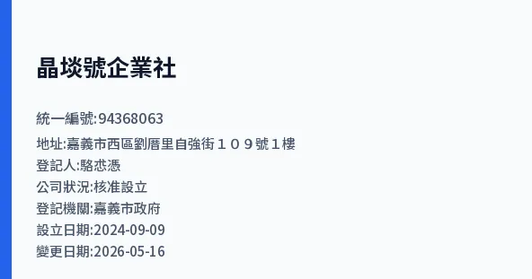晶埮號企業社的照片-統編 94368063(嘉義市) 公司登記資料與營業項目詳細圖表
