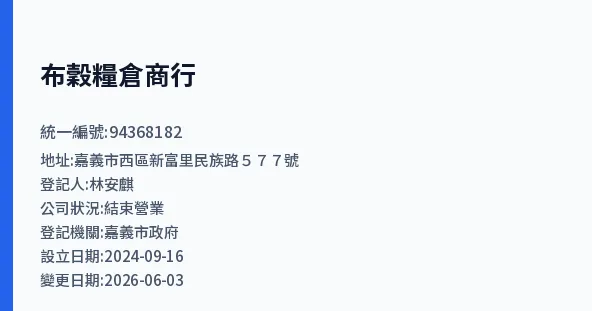 布穀糧倉商行的照片-統編 94368182(嘉義市) 公司登記資料與營業項目詳細圖表