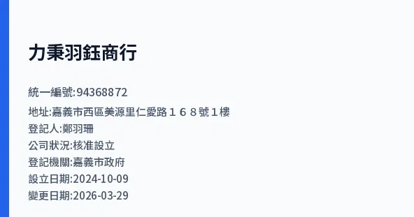 力秉羽鈺商行的照片-統編 94368872(嘉義市) 公司登記資料與營業項目詳細圖表