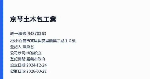 京苓土木包工業的照片-統編 94370363(嘉義市) 公司登記資料與營業項目詳細圖表