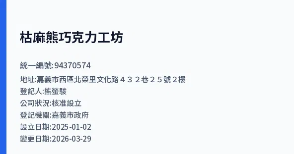 枯麻熊巧克力工坊的照片-統編 94370574(嘉義市) 公司登記資料與營業項目詳細圖表
