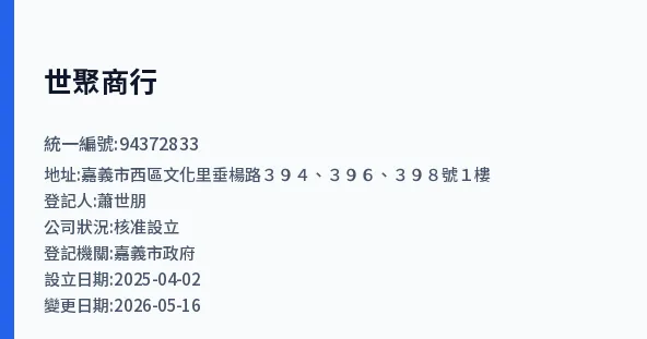 世聚商行的照片-統編 94372833(嘉義市) 公司登記資料與營業項目詳細圖表