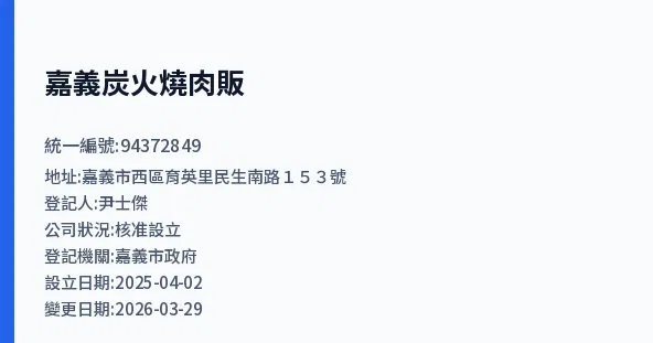 嘉義炭火燒肉販的照片-統編 94372849(嘉義市) 公司登記資料與營業項目詳細圖表