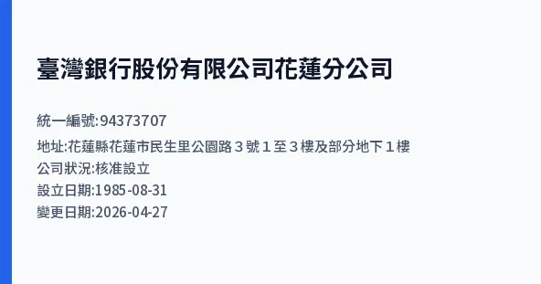 臺灣銀行股份有限公司花蓮分公司的照片-統編 94373707(花蓮縣) 公司登記資料與營業項目詳細圖表