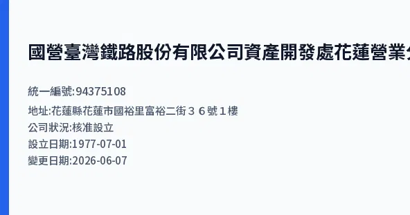 國營臺灣鐵路股份有限公司資產開發處花蓮營業分處的照片-統編 94375108(花蓮縣) 公司登記資料與營業項目詳細圖表