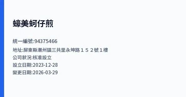 蠔美蚵仔煎的照片-統編 94375466(屏東縣) 公司登記資料與營業項目詳細圖表
