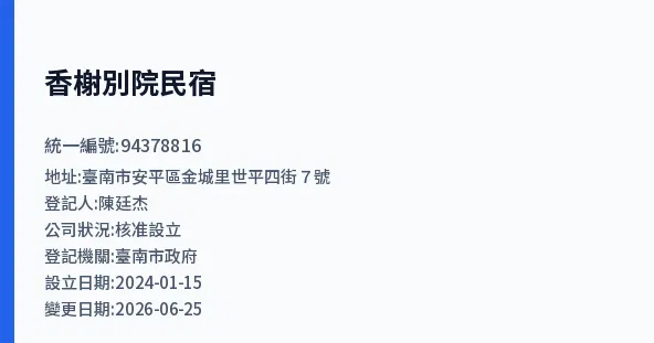 香榭別院民宿的照片-統編 94378816(臺南市) 公司登記資料與營業項目詳細圖表
