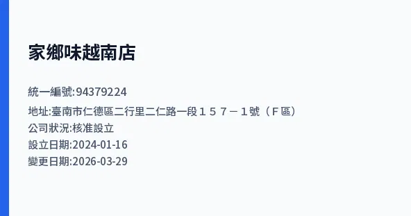 家鄉味越南店的照片-統編 94379224(臺南市) 公司登記資料與營業項目詳細圖表