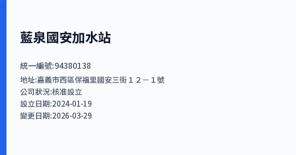 藍泉國安加水站的照片-統編 94380138(嘉義市) 公司登記資料與營業項目詳細圖表