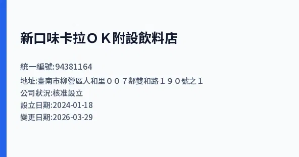 新口味卡拉OK附設飲料店的照片-統編 94381164(臺南市) 公司登記資料與營業項目詳細圖表