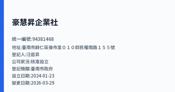 豪慧昇企業社的照片-統編 94381468(臺南市) 公司登記資料與營業項目詳細圖表
